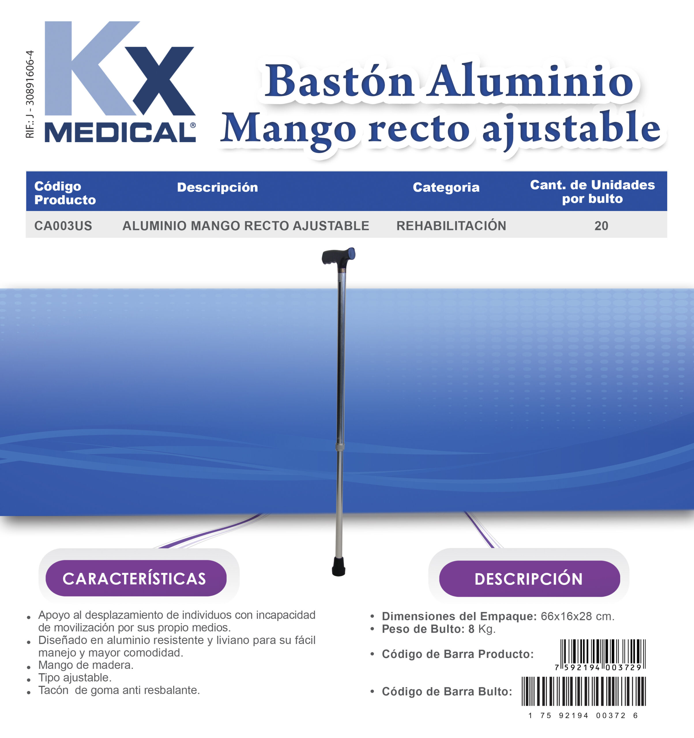Bastón de aluminio con mango de madera recto, ajustable. – KXMEDICAL