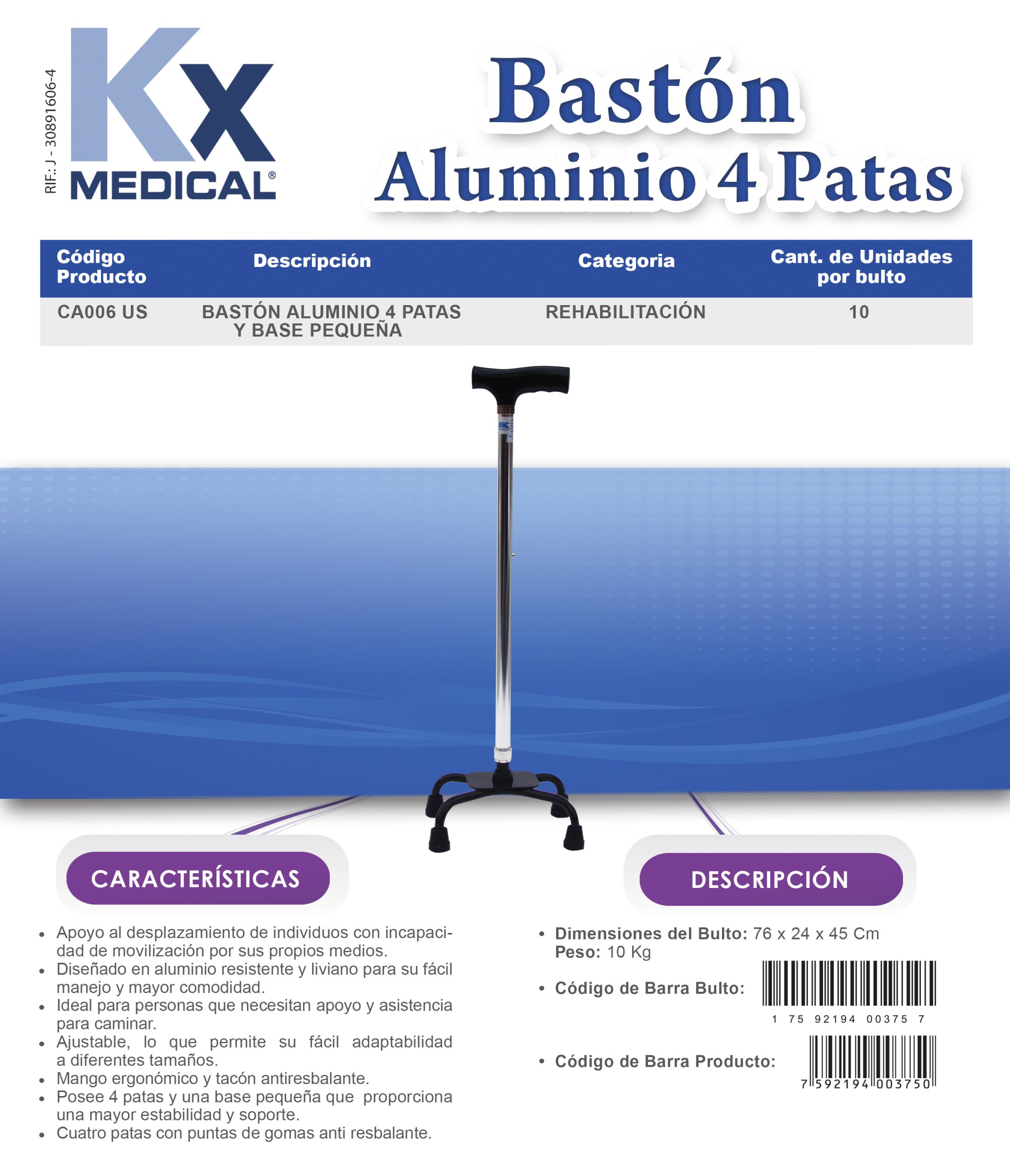 Bastón de 4 patas con base pequeña y agarradera acolchonada. – KXMEDICAL